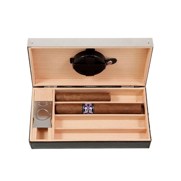 4 Cigar Holder With Cutter And Humistat, Black Leather – Devlin's
